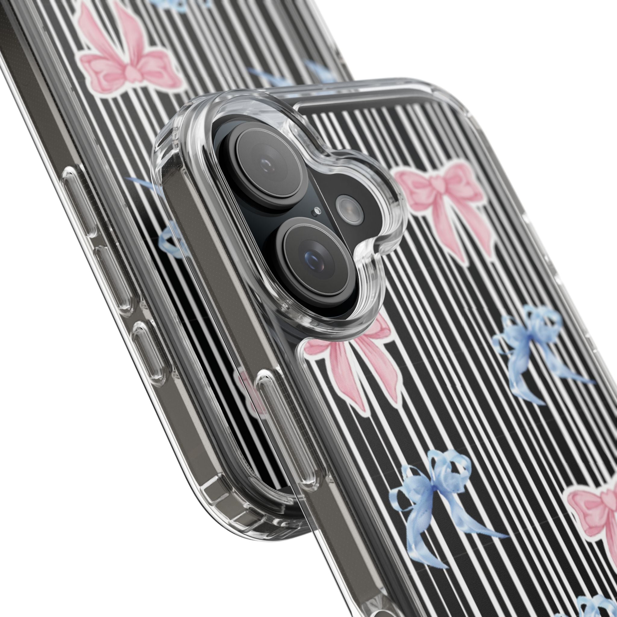 Clear Phone Case — Pink & Blue Bows on Black Striped Background ...
